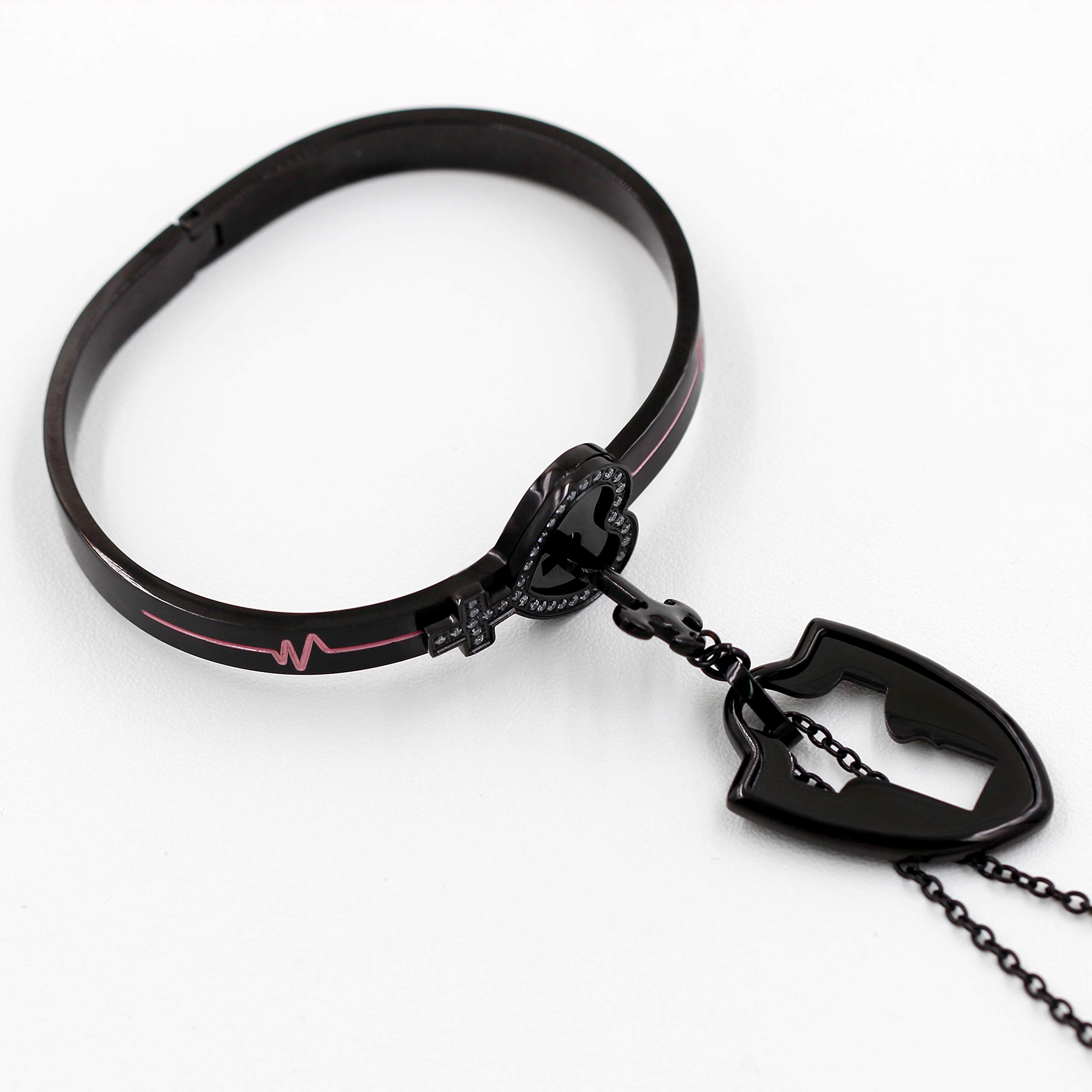 Stainless Black Heart Lock Bangle Heartbeat Line CZ Pave Cross Cuff Bracelet with Shield Key Pendant Necklace Couples Set (Heart, Black)