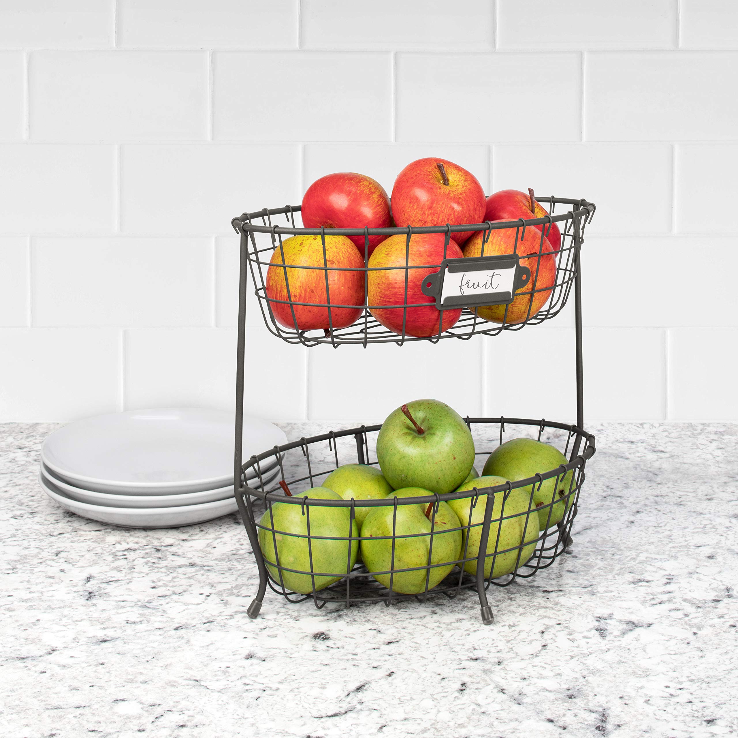 Spectrum Diversified Vintage Living Oval Server Stacked, 2-Tier Bowls, Dining Table & Kitchen Counter Organizer, Modern Fruit Basket Stand, Industrial Gray (A19676)