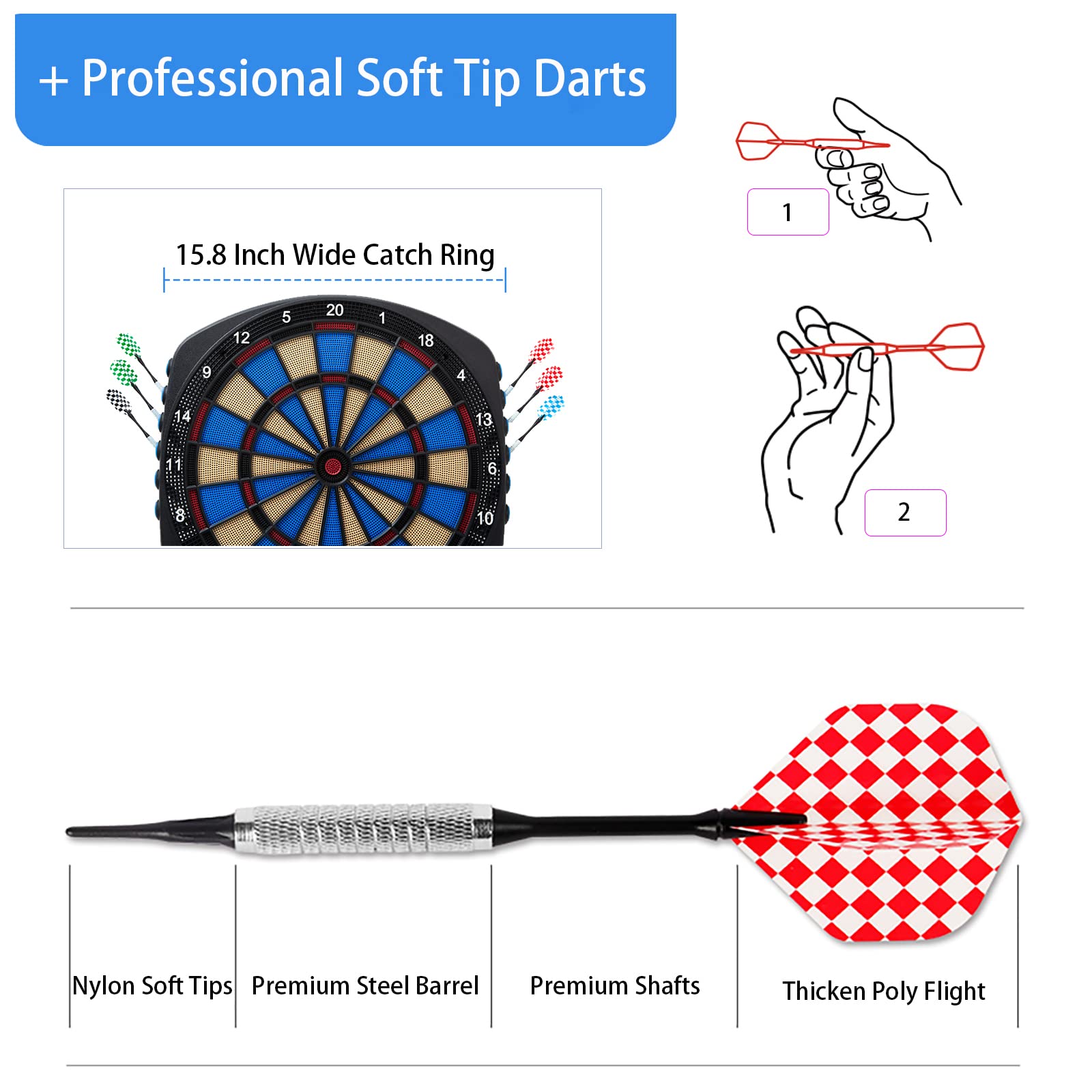 OLI Electronic Dart Board with 12 Soft Tip Darts, LED Display Automatic Scoring Dartboard Sets for Adults, 100 Plastic Tips & Power Adapter Include (Blue)