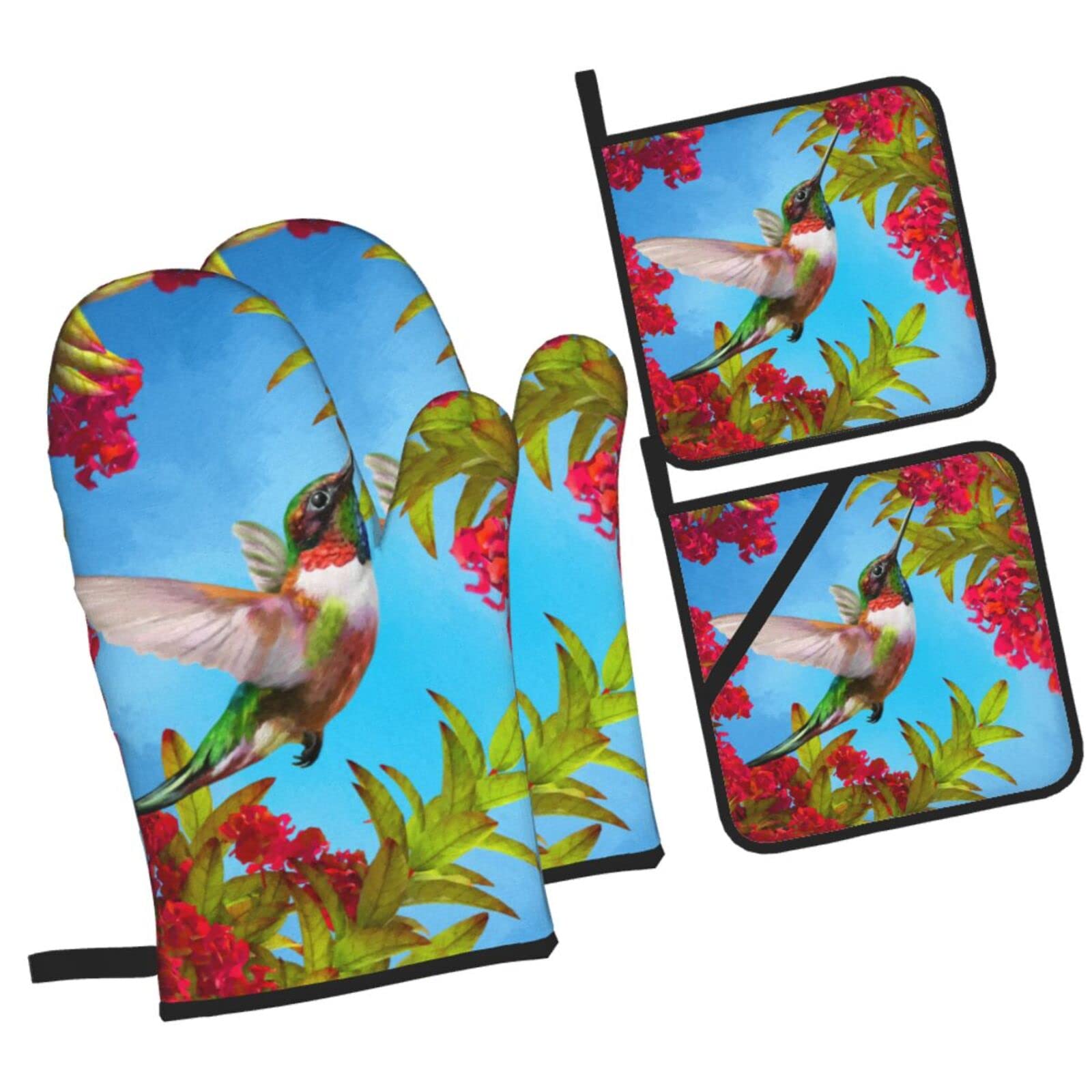 Spring Bird Hummingbird Oven Mitts and Pot Holders Sets 4 Piece Set Heat Resistant Non Slip Oven Mitts for Cooking Baking Grilling