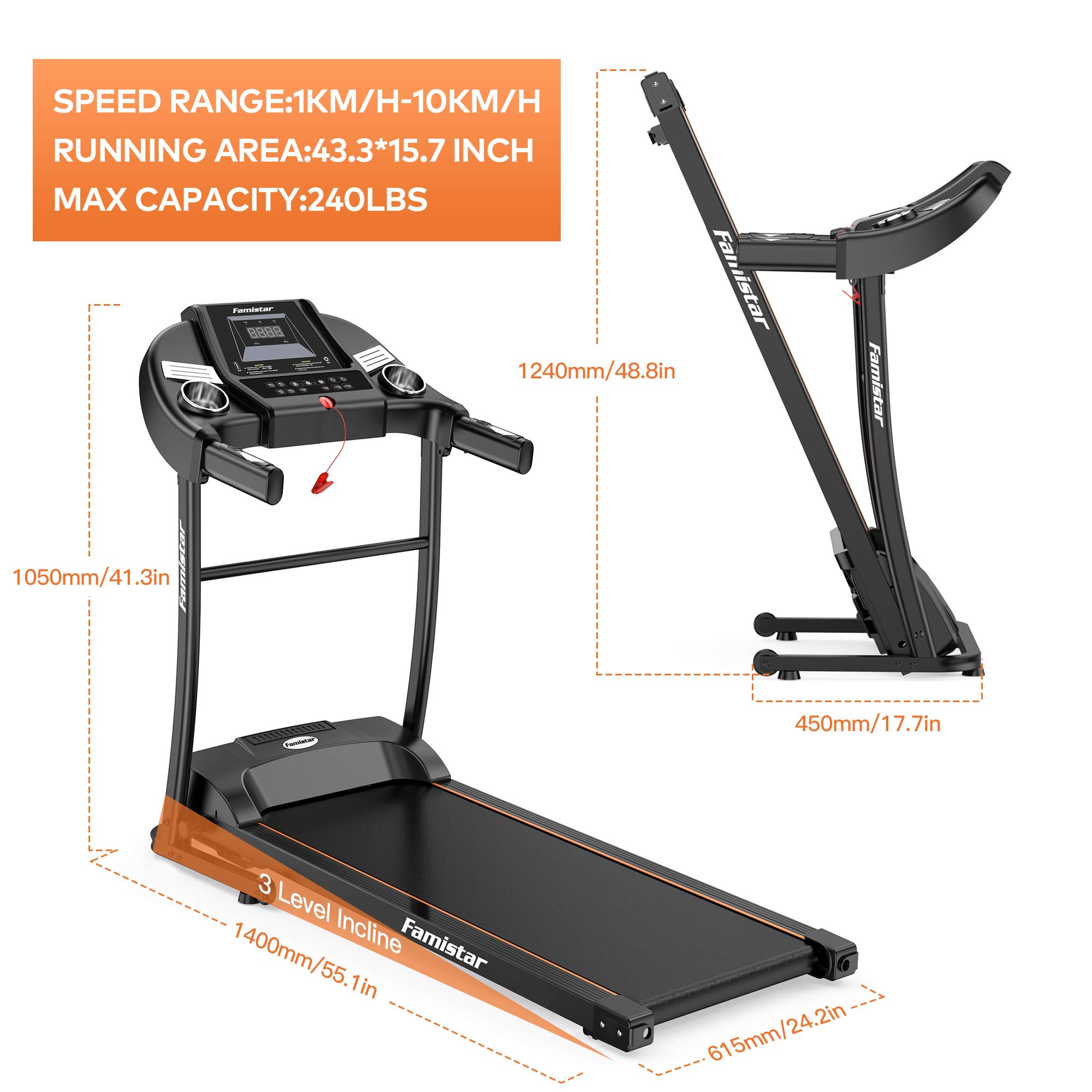 Portable Electric Folding Treadmill, Famistar Motorized Running Jogging Machine with LED Display, Rolling Wheels, Built-in MP3 Speaker, 12+3 Modes Fits All Family Home Workout