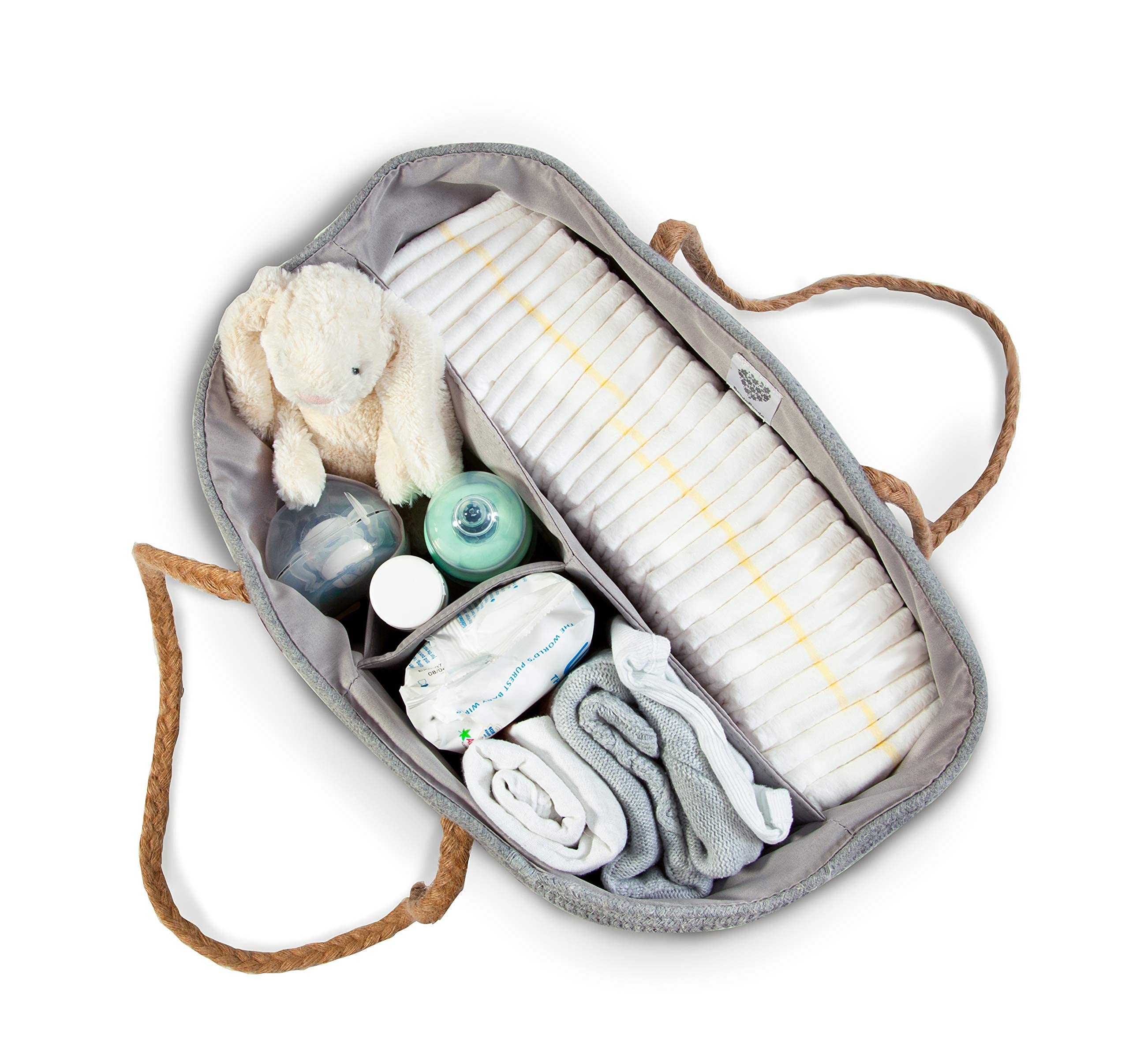 Rectangular Lined Cotton Rope Basket in Grey with Long Rope Handles and Compartments – Storage organizer for Baby Nursery, Diaper Caddy Organizer – Versatile Decorative Tote Caddy Basket by BoodaBooda