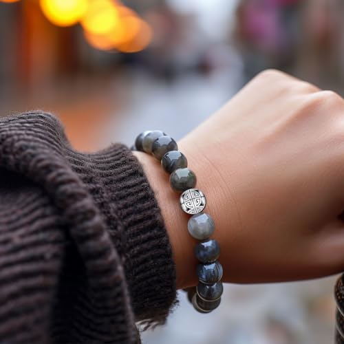 Natural 8mm Gorgeous Men Women Semi-Precious Gemstones Healing Crystal Stretch Beaded Bracelet Unisex Bangle with 925 Sterling Silver Double Happiness Pendant (Labradorite)