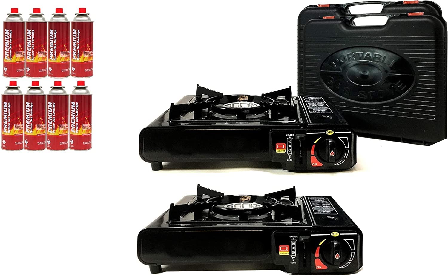 Set of 2 Portable Butane Gas Stoves & 8 pack Butane Canister Complete Set With Carrying Case - Full Stainless Steel Body Electronic Ignition for Outdoor Camping Tailgating Backyard