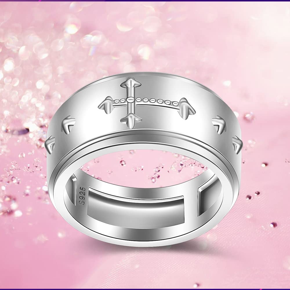 Talonior Fidget Cross Rosary Spinner Ring Sterling Silver Anxiety Ring with Beads for Women Praying Christian Religious Catholic Engagement Promise Band Rings Worry Size 9