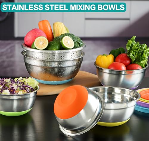 Naitesen 28PCS Mixing Bowls with Lids Colander Set, Stainless Steel Nesting Bowls with Measuring Spoons and Cups Cooking Utensils for Baking Supplies Kitchen Essentials Tools