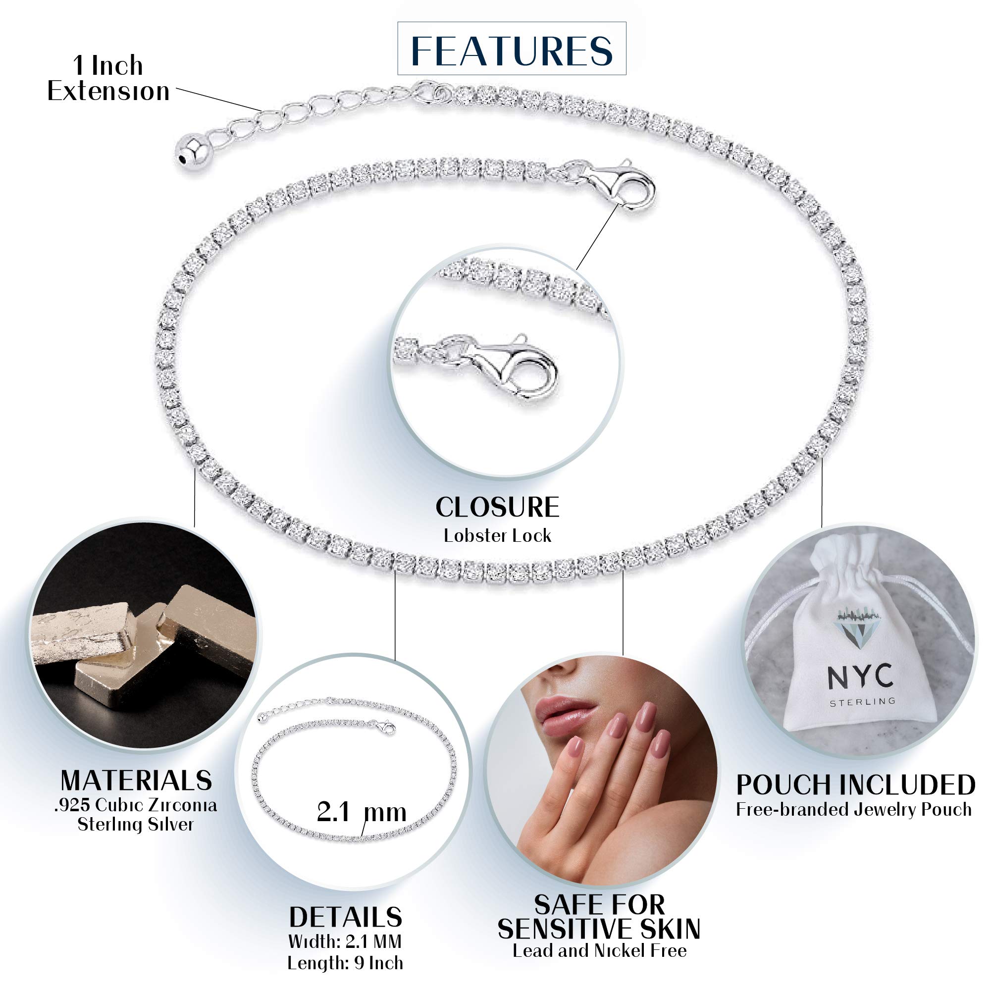 NYC Sterling Women Sterling Silver Cubic Zirconia Anklet Bracelet (Silver)