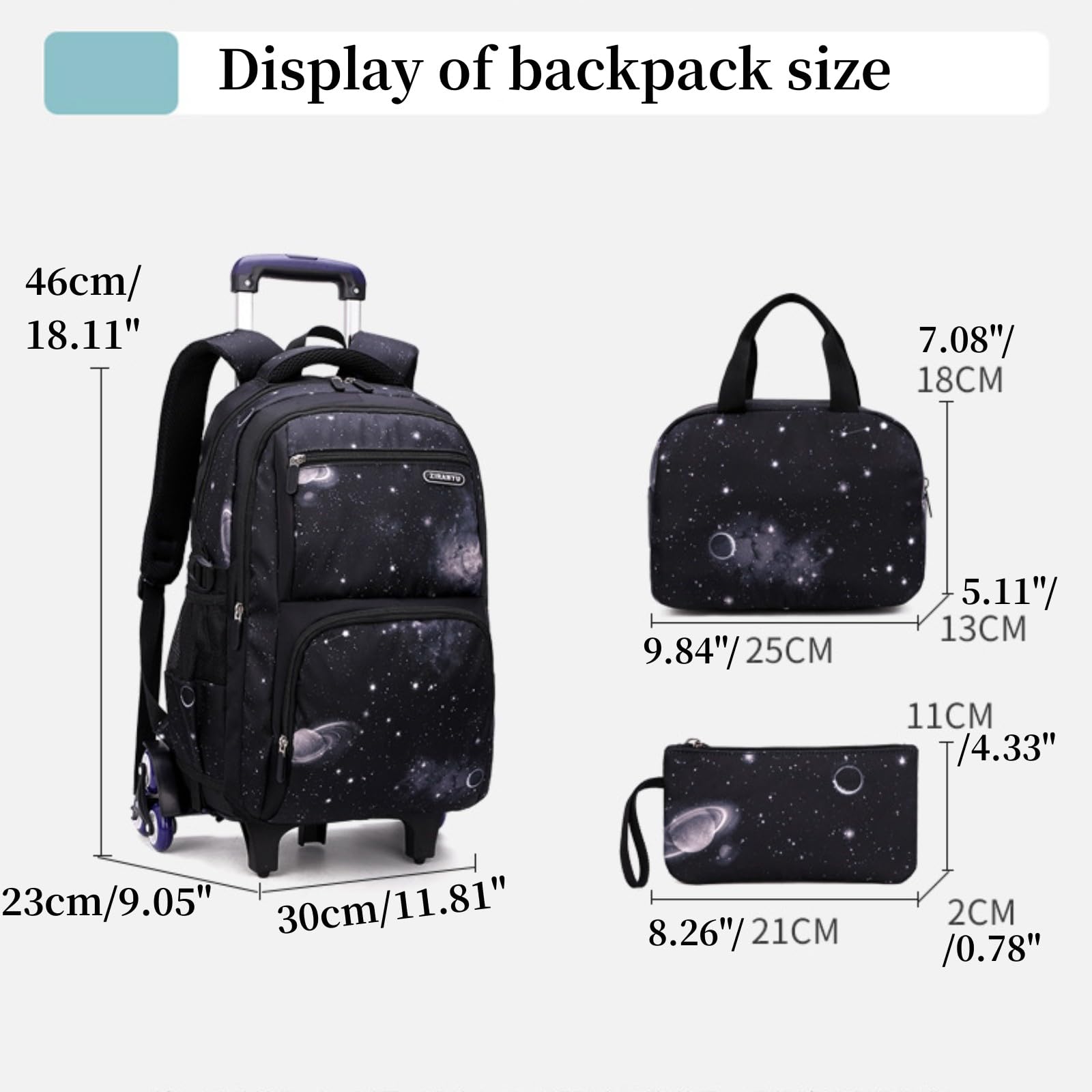 MITOWERMI Boys Rolling Backpacks Kids'Luggage Wheeled Bags Kids Trolley School Bags Space-Starry Sky Roller Bookbag with 6 Wheels