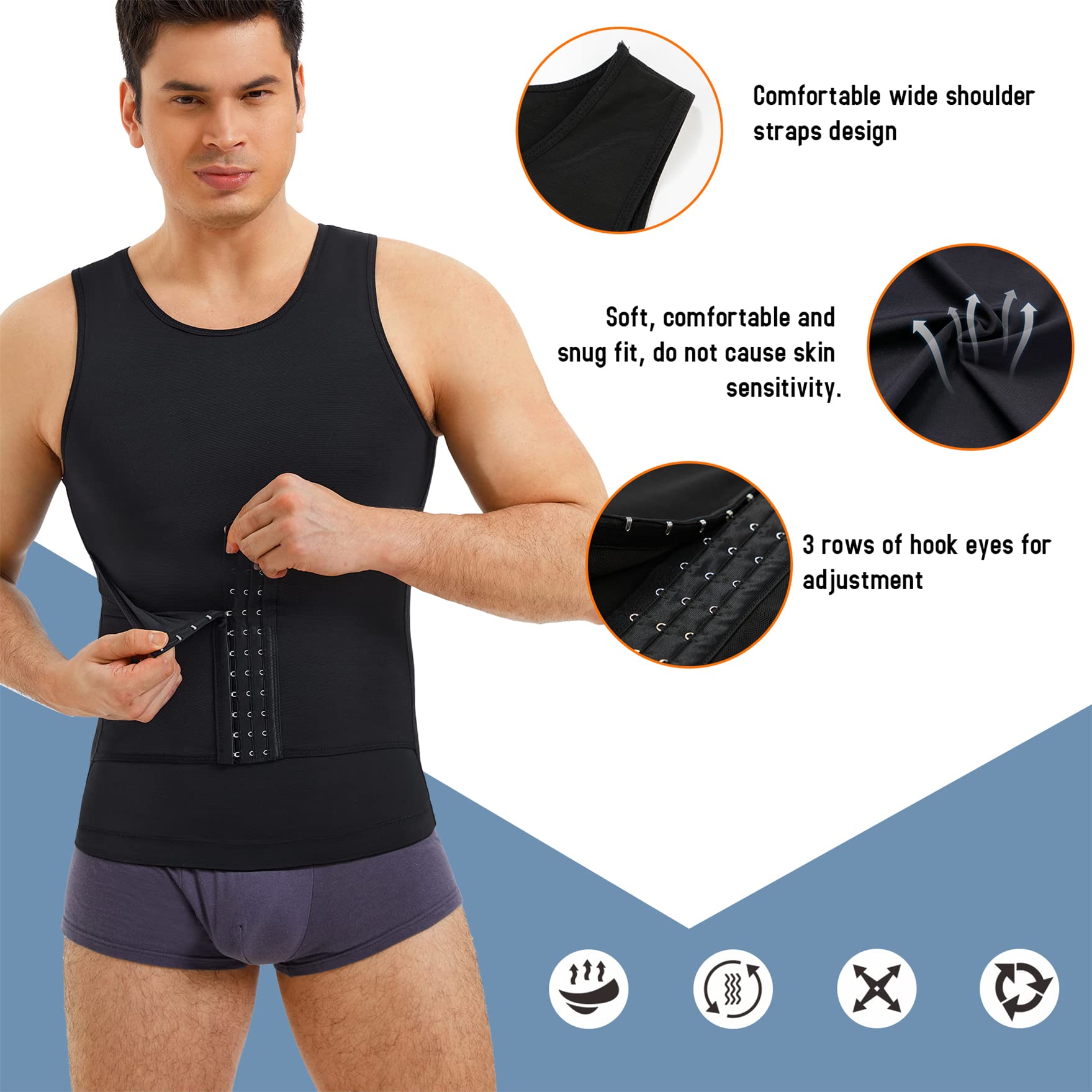 TAILONG Mens Compression Shirt Undershirt Abdomen Slimming Body Shaper Vest Workout Tank Top Tummy Control Shapewear (Black, X-Large)