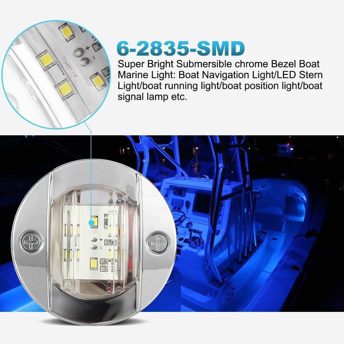 Partsam 4Pcs 3" Inch Round Chrome Marine Boat Lights Blue LED Transom Mount Stern Anchor Navigation Lights IP67 Waterproof, Boat LED Stern Lights, Night Fishing Lights,Deck Lights, 12V, Surface Mount