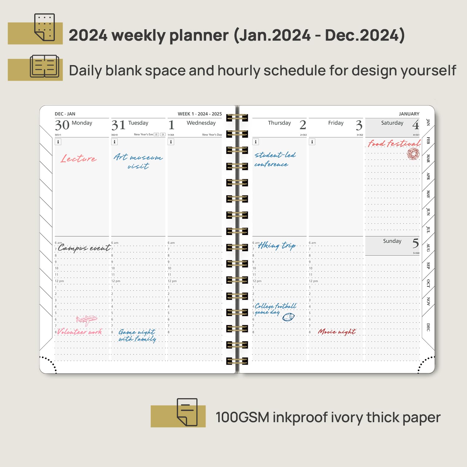 POPRUN 2024 Planner Daily Weekly and Monthly 8.5'' x 6.25'' - Vertical Agenda 2024 with Hourly Schedule, Tabs & Calendars, Monthly Planner Spiral Bound Hardcover - Light Pink