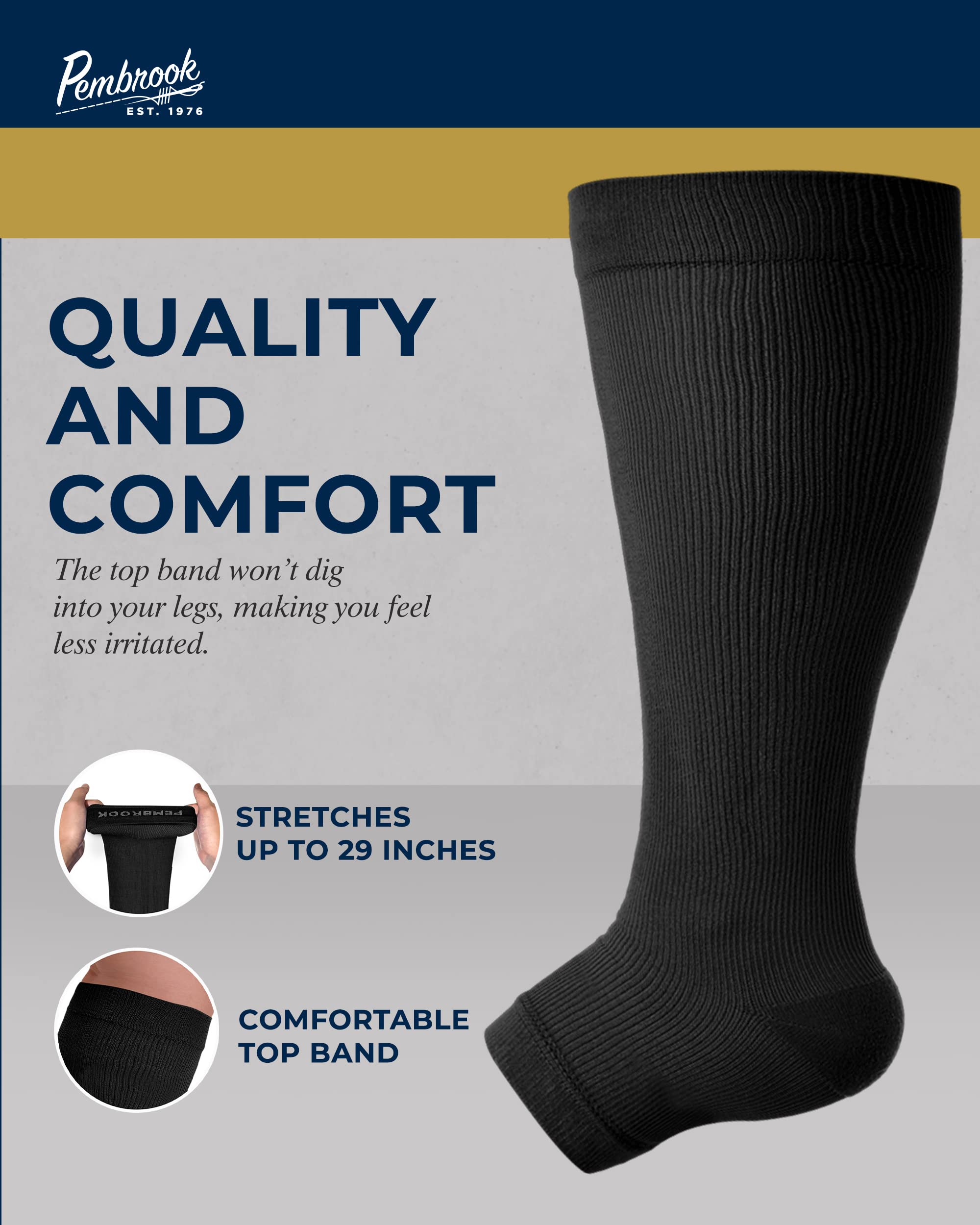 Pembrook Toeless Compression Socks Wide Calf for Women and Men - 20-30mmHg | 6XL Plus Size Compression Socks for Women