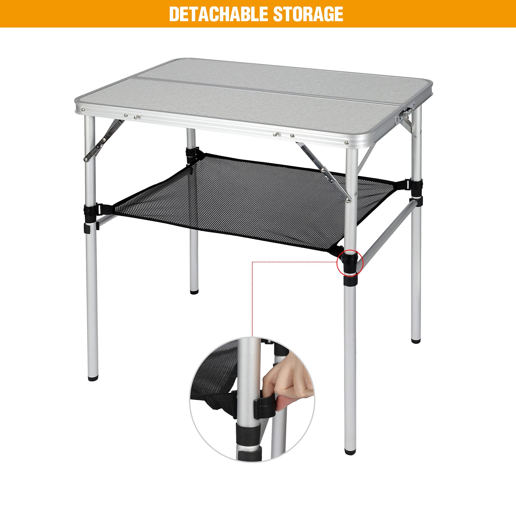 REDCAMP 2.5 Foot Folding Table Adjustable Height with Mesh Storage Organizer, Lightweight Portable Camping Table for Picnic Cooking Outdoor Indoor, White 29.5 x 19inche