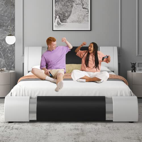 SHA CERLIN Faux Leather King Bed Frame with Adjustable Headboard and Iron Accents, Upholstered Platform Bed with Solid Wooden Slats Support, Noise-Free - Black with White Sides