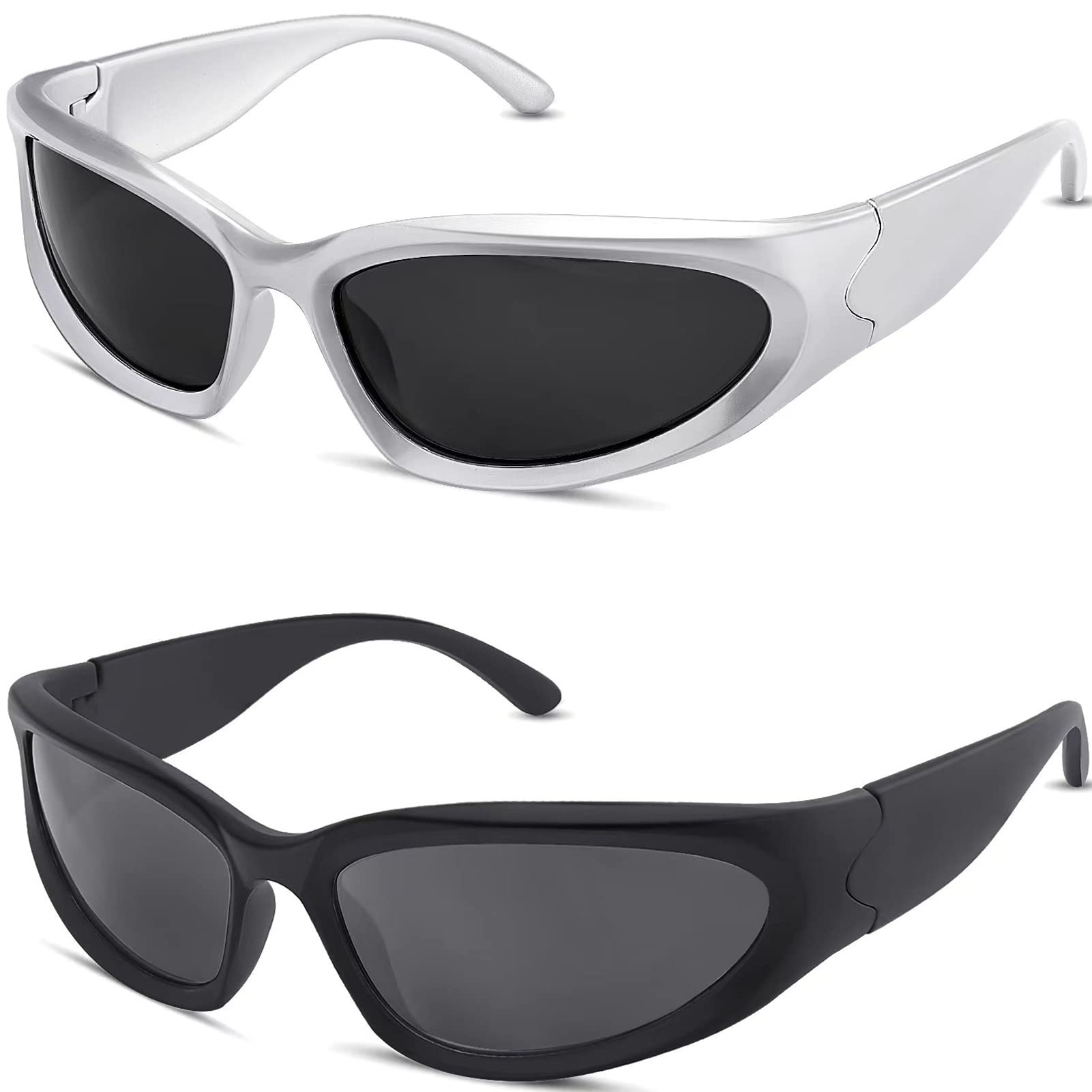 milramtob Y2K Wrap Around Sunglasses Trendy Silver Glasses Retro 90s Shades Women Futuristic