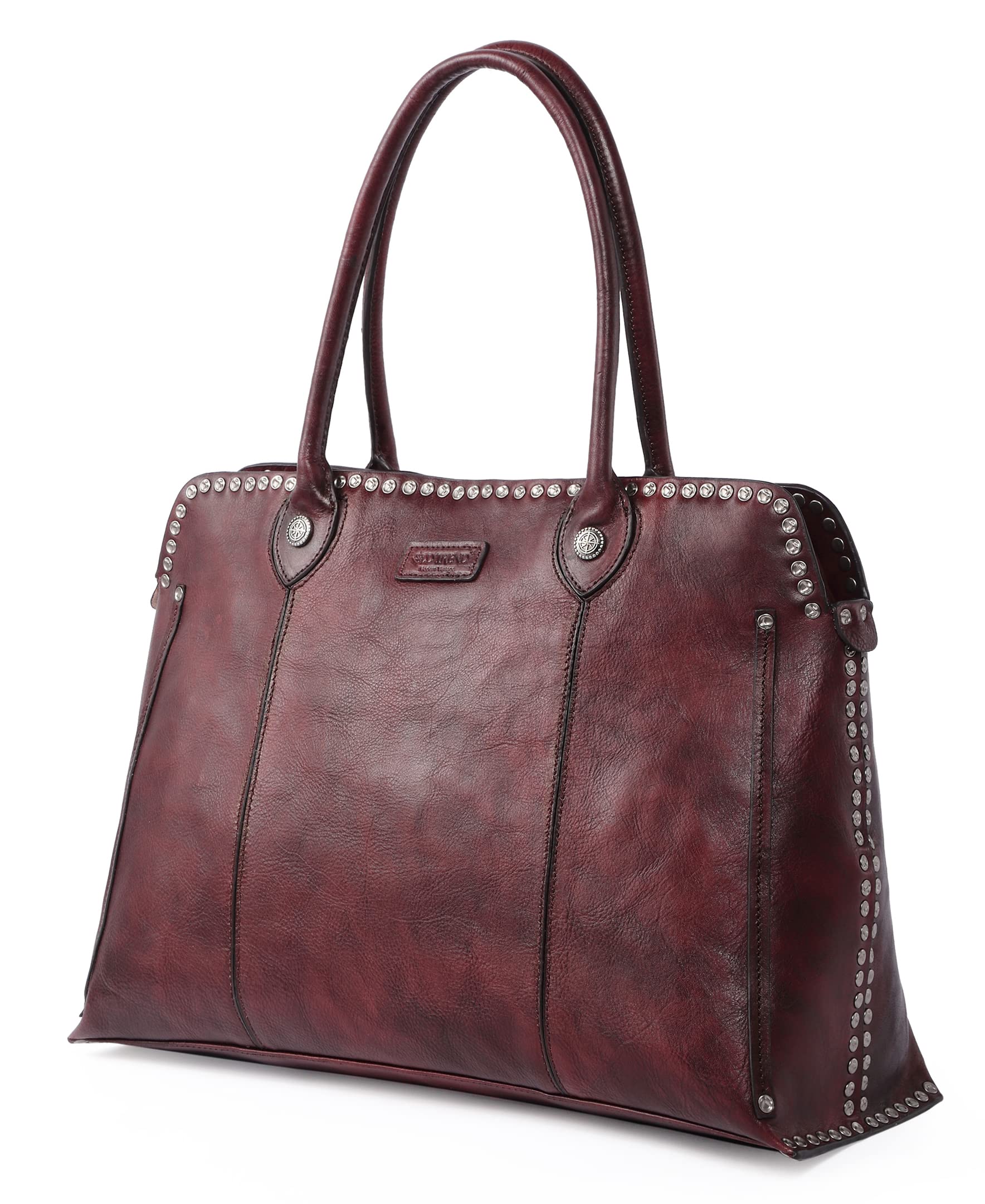 OLD TREND Genuine Leather Soul Stud Satchel Tote Bag Office Daily Handbage (Rusty Red)