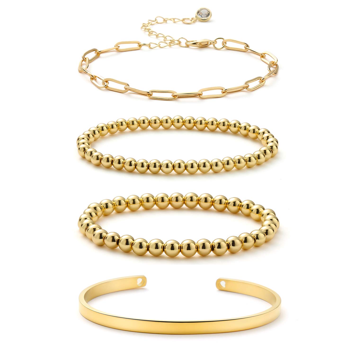 Starain Gold Beaded Bracelets for Women 18K Gold Plated Beaded Ball Stackable Stretch Bracelet Gold Cuff Bangle Set