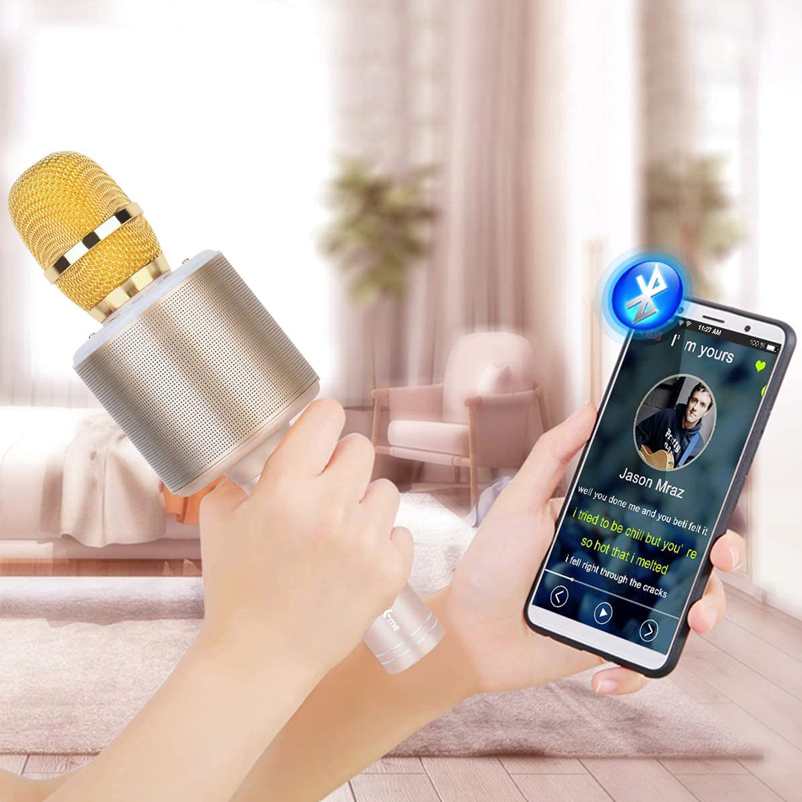 Oluote Wireless Bluetooth Karaoke Microphone, Portable Handheld Karaoke Mic Speaker Machine for KTV Music Home Party, Compatible for Android/iPhone/PC/TV ect (Gold)