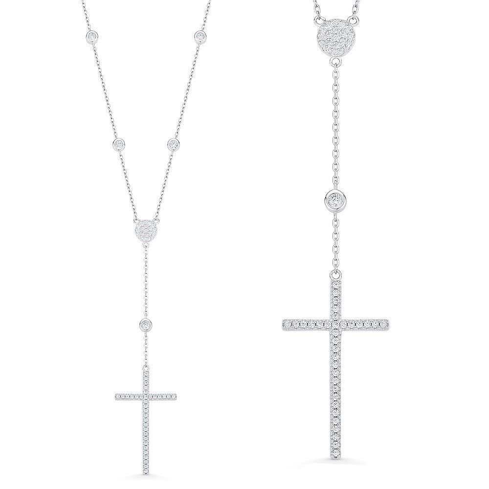 NYC Sterling Diamond by Yard Cross Crucifix CZ Crystal 925 Sterling Silver Pendant & Catholic Rosary Necklace (Silver)