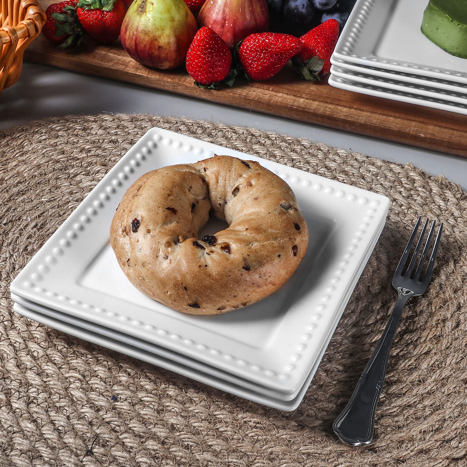 Wareland Bright White Embossed Dots Square Dessert Plates Set of 6 & 8 inch Embossed Salad Plates Set of 4