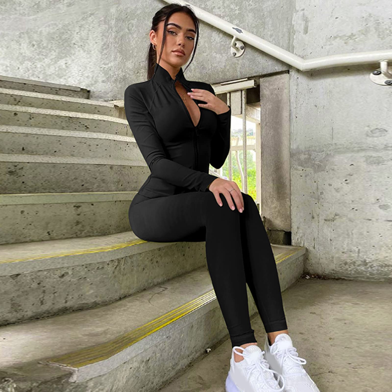 Women's Two Piece Tracksuit Set Long Sleeve Zipper Jacket with Sweatpants Sweatsuit Jogger Workout Set Black M