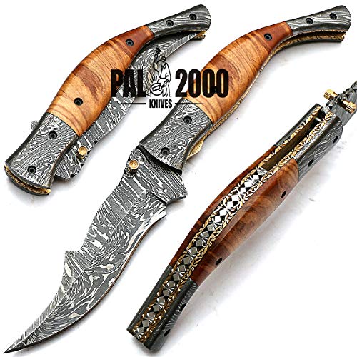 PAL 2000 HUNTING KNIVES FOL-8459 Handmade Damascus Steel Pocket Knife Olive Wood Handle With Sheath