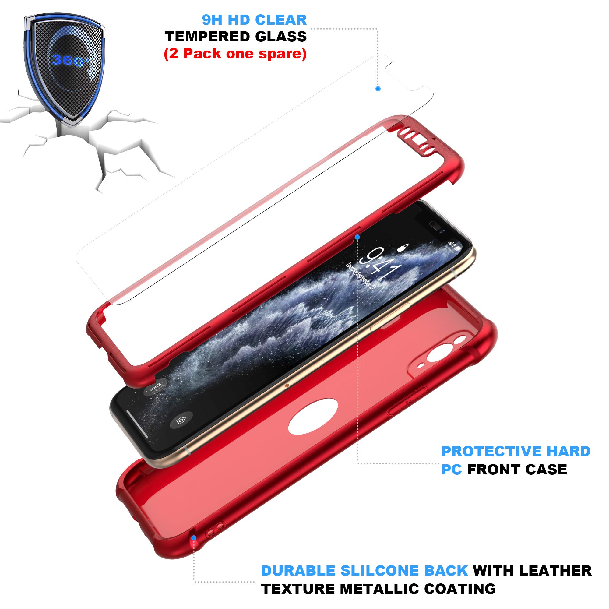 ORETECH iPhone 11 Pro Max Case, 360 Full Body Protection [2 x Tempered Glass Screen Protector], Hard PC & Soft Rubber Silicone Cover - 6.5" Red