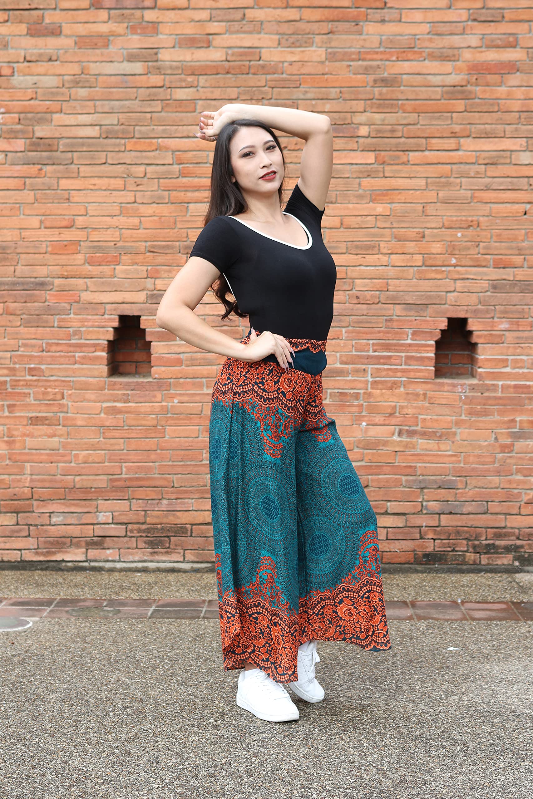 Women's Wide Leg Palazzo Pants Light Weight Loose Comfy Boho Flare Harem Trouser Perfect for Yoga (Blue Sea Mandala)