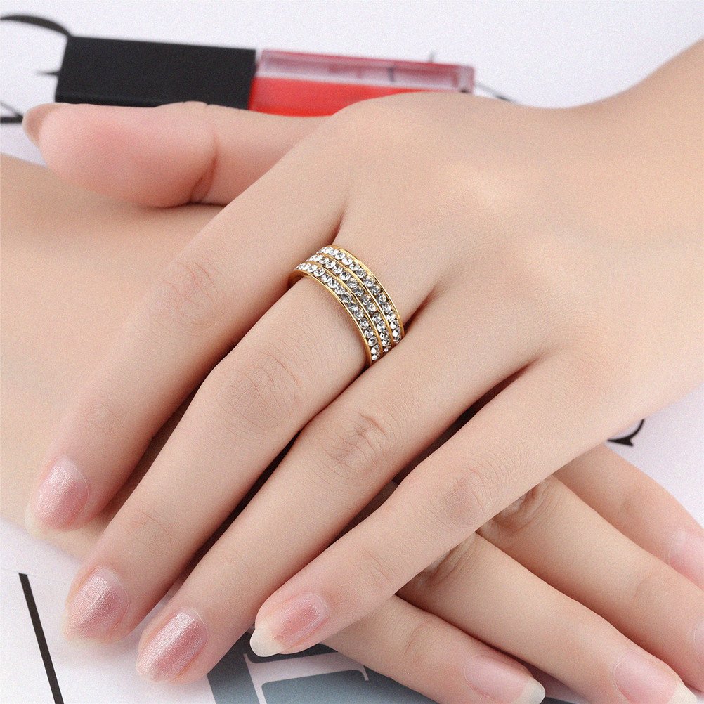 PAURO Women's Stainless Steel 3 Rows Cubic Zirconia Round Cut CZ Ring Promise Wedding Band Silver Size 7