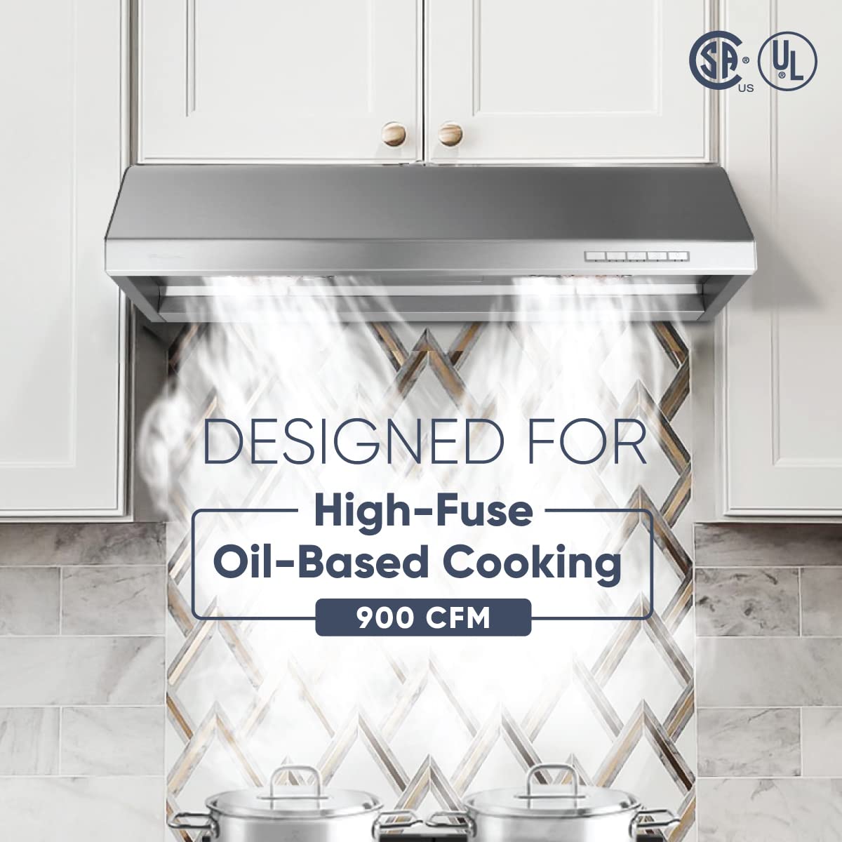 Pacific Trusteam Range Hood, 30''/36'' under cabinet, high-temperatur auto steam cleaning, Max 900CFM, LED light, responsive touch control, stainless steel housing (30')