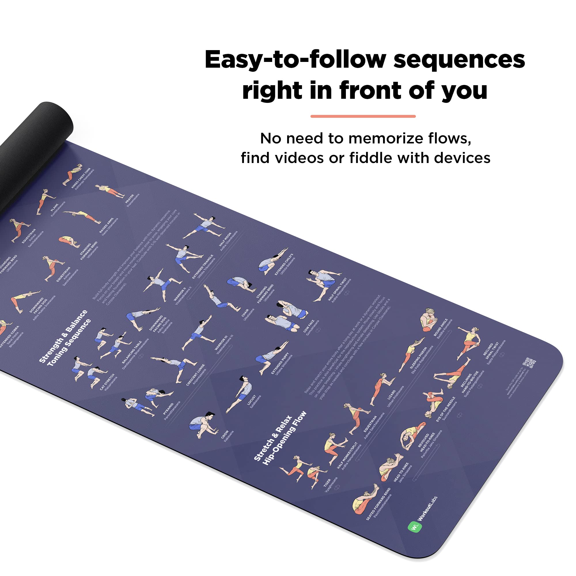 WorkoutLabs Premium Yoga Sequence Mat with Strap – Suede Top & NonSlip Rubber Bottom 5 mm Instructional Yoga Mat with Poses & Yoga Sequences Printed, 24” × 68” Exercise Mat with Carrying Strap
