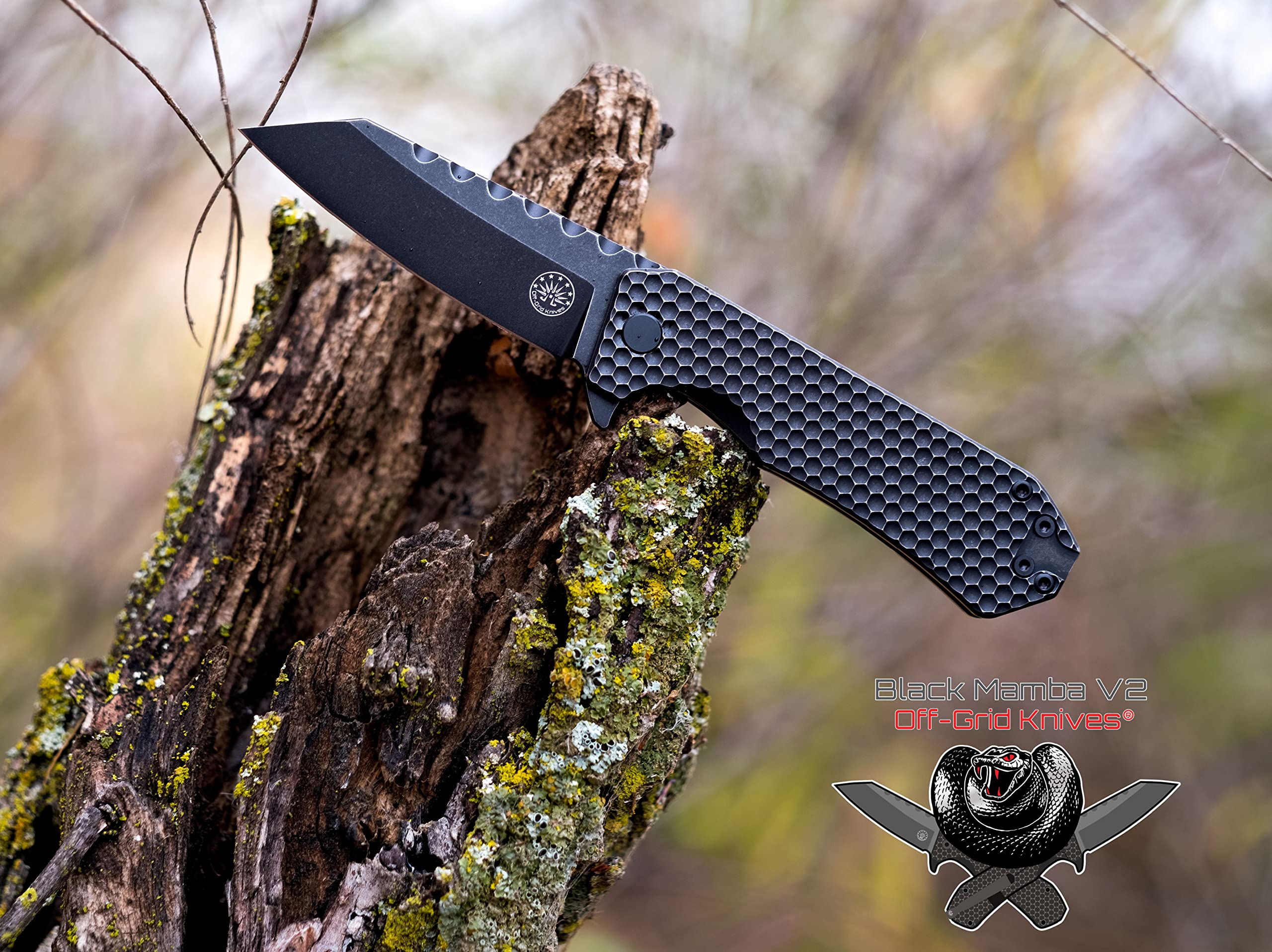 Off-Grid Knives - Black Mamba V2 - Bohler M390 Super Steel Blade, 6AL4V Titanium Scales, Ceramic Ball Bearing Flipper Knife, Brushed DLC, Open Back Design, Deep Pocket Carry