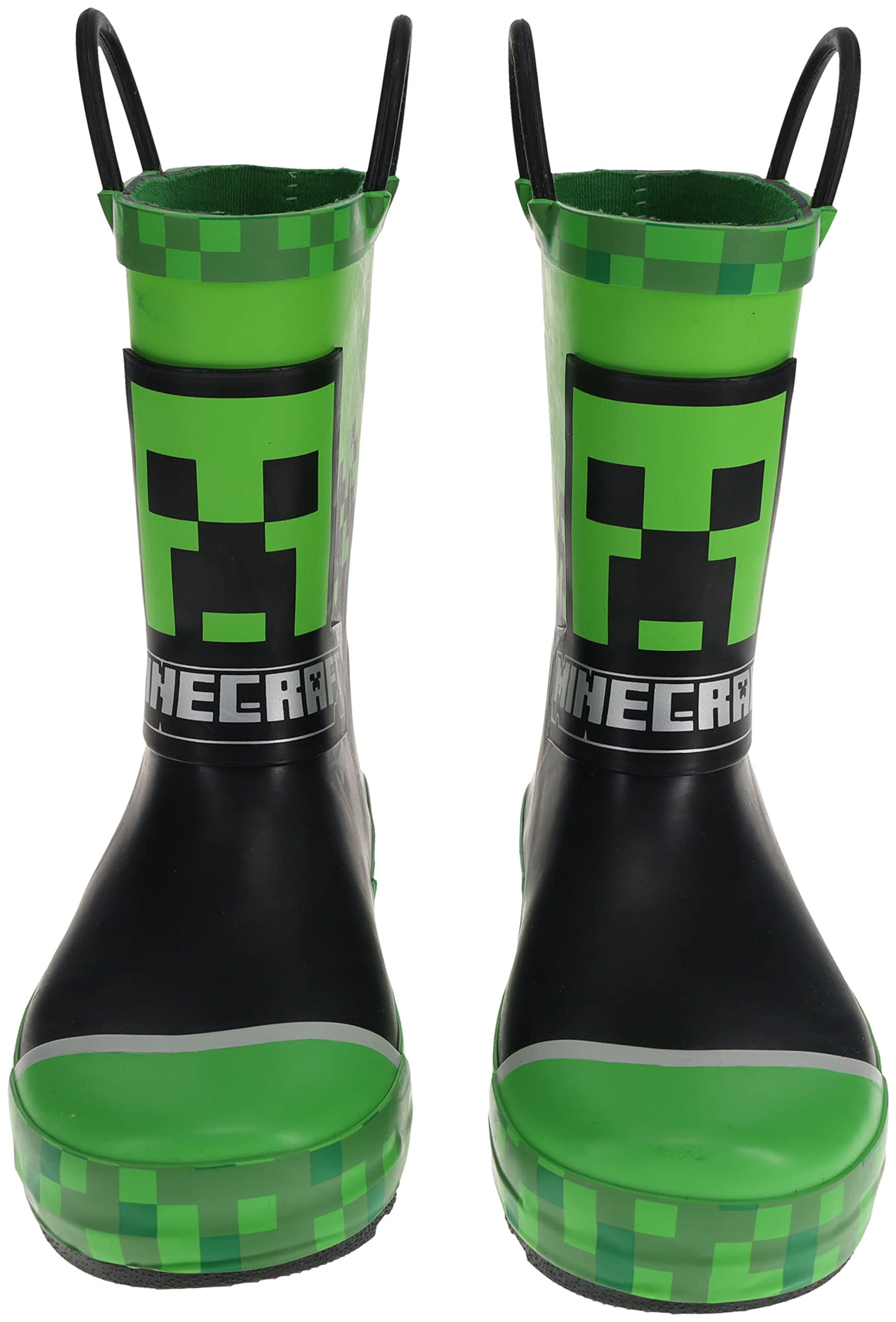 Minecraft Rain Boot for Kids, 100% Rubber Creeper Wellie Boot Waterproof, Green/Black, Big Kid Size 1/2