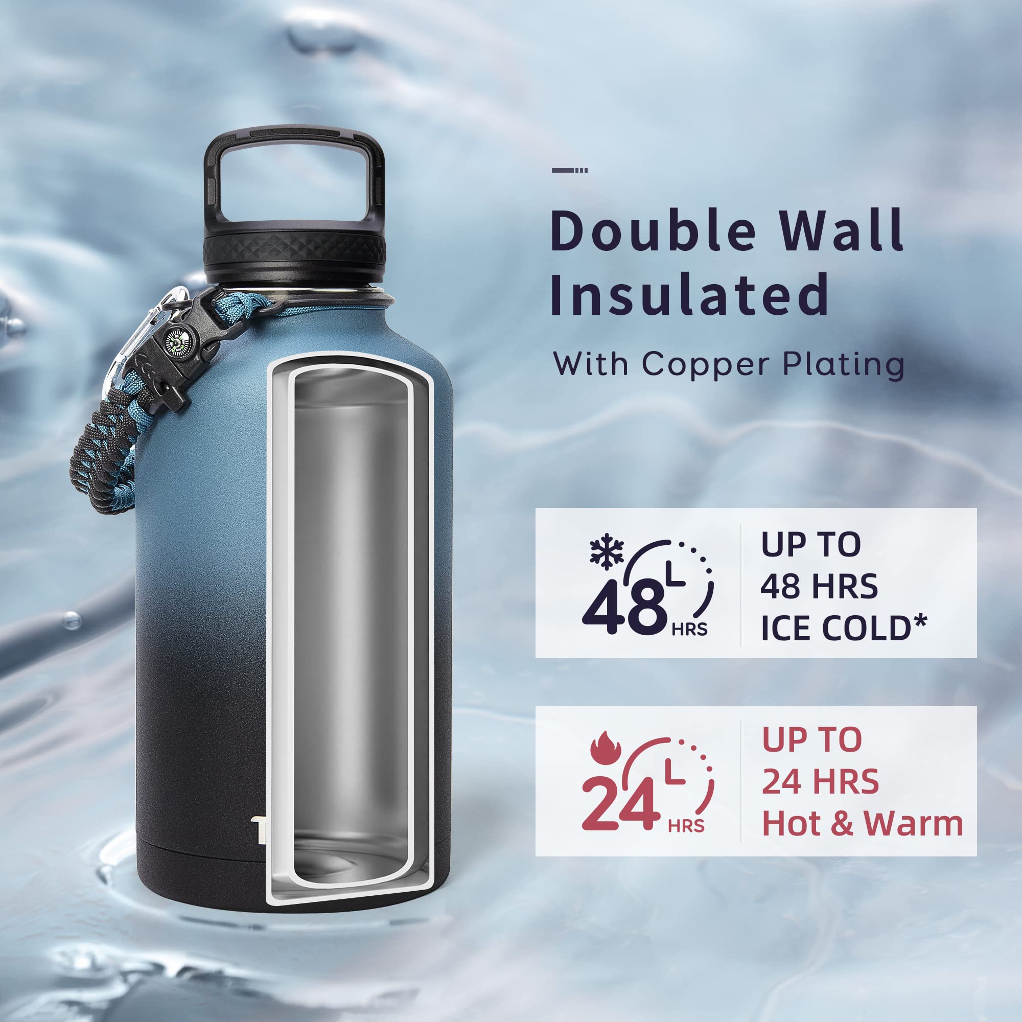 Trebo Water Bottle 32oz/64oz with Paracord Handle, Half Gallon Food-grade Double Wall Vacuum Stainless Steel Insulated Jug with Straw Spout Lids, Leakproof Keep Cold & Hot, Ombre: Indigo/Black