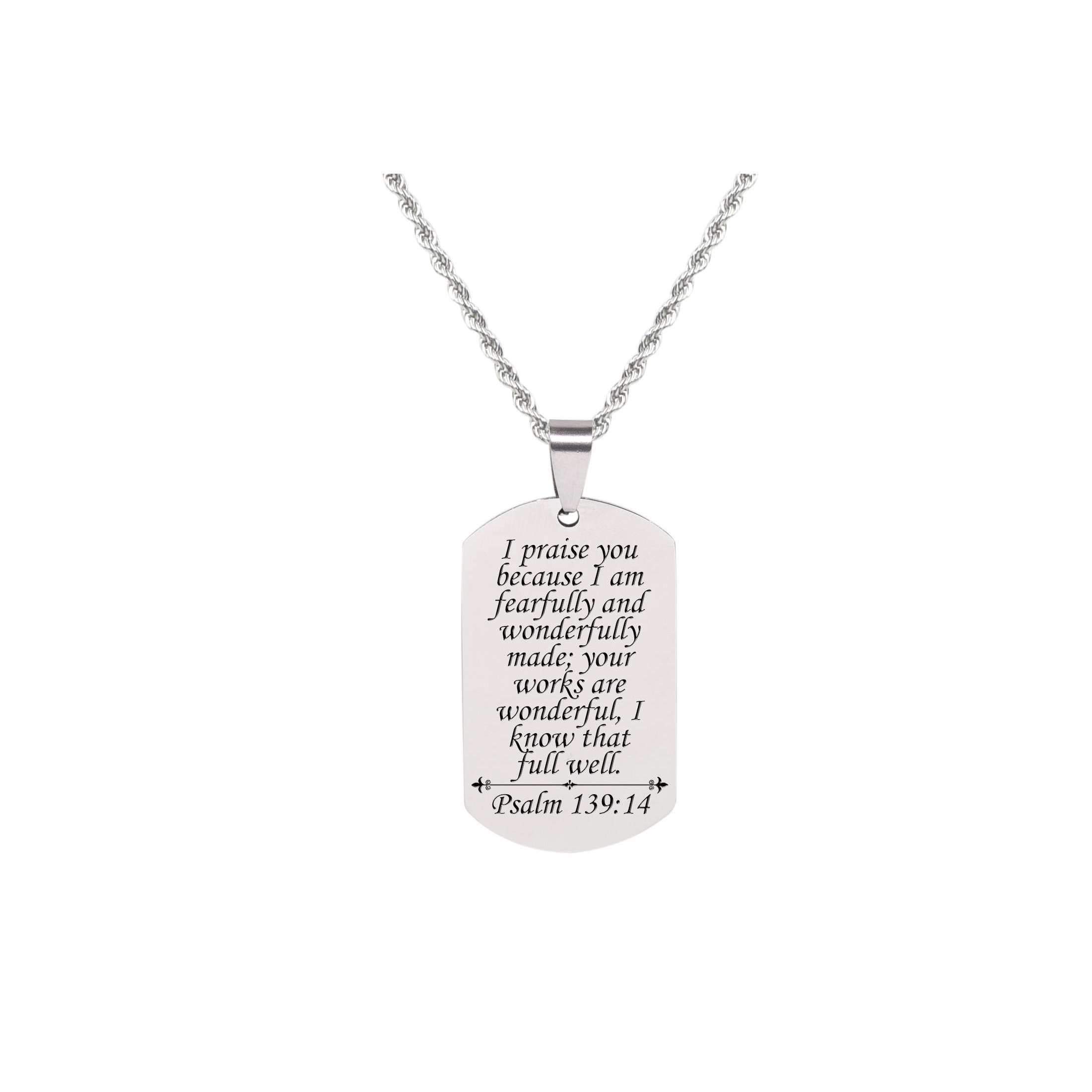 Pink Box Scripture Tag Necklace - Psalm 139:14 - Psalm 139:14 - Silver
