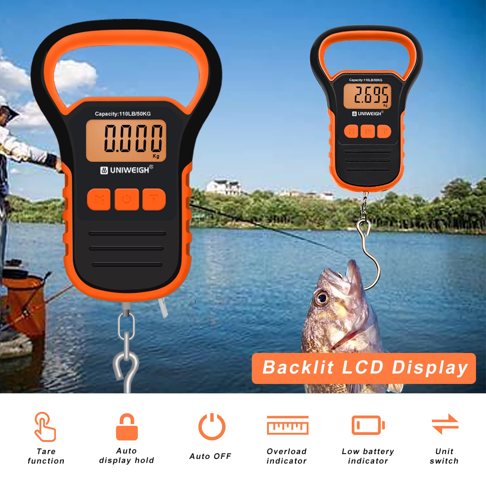 UNIWEIGH Digital Fishing Scale with Lip Gripper,Tape and Ruler,110lb/50kg Postal Hanging Luggage Scale with Hook,Waterproof Handing Scale for Home and Outdoor(Orange)