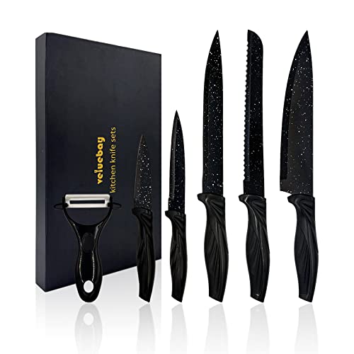 veluebay Kitchen Knife Set, Professional Stainless Steel Chef Knives with Ceramic Peeler and Gift Box, Black Cooking Knives for Slicing, Bread, Utility, Paring (6 Pcs)