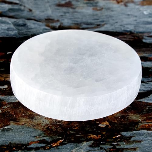 Om Zone Selenite Charging Plate for Cleansing Crystals & Healing Stones, Meditation, Reiki, Protection Crystals, Spiritual Gift (1, 3" Round)