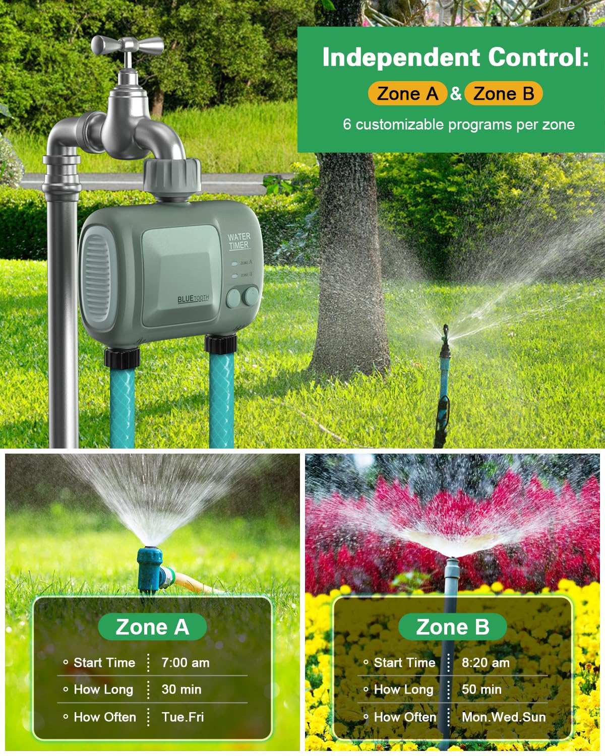 Zefinot WiFi Water Timer for Garden Hose - 2 Zone Hose Timers for Watering, 2 Watering Patterns, Smart Sprinkler Timer System, Irrigation Timer Compatible with Alexa and Google
