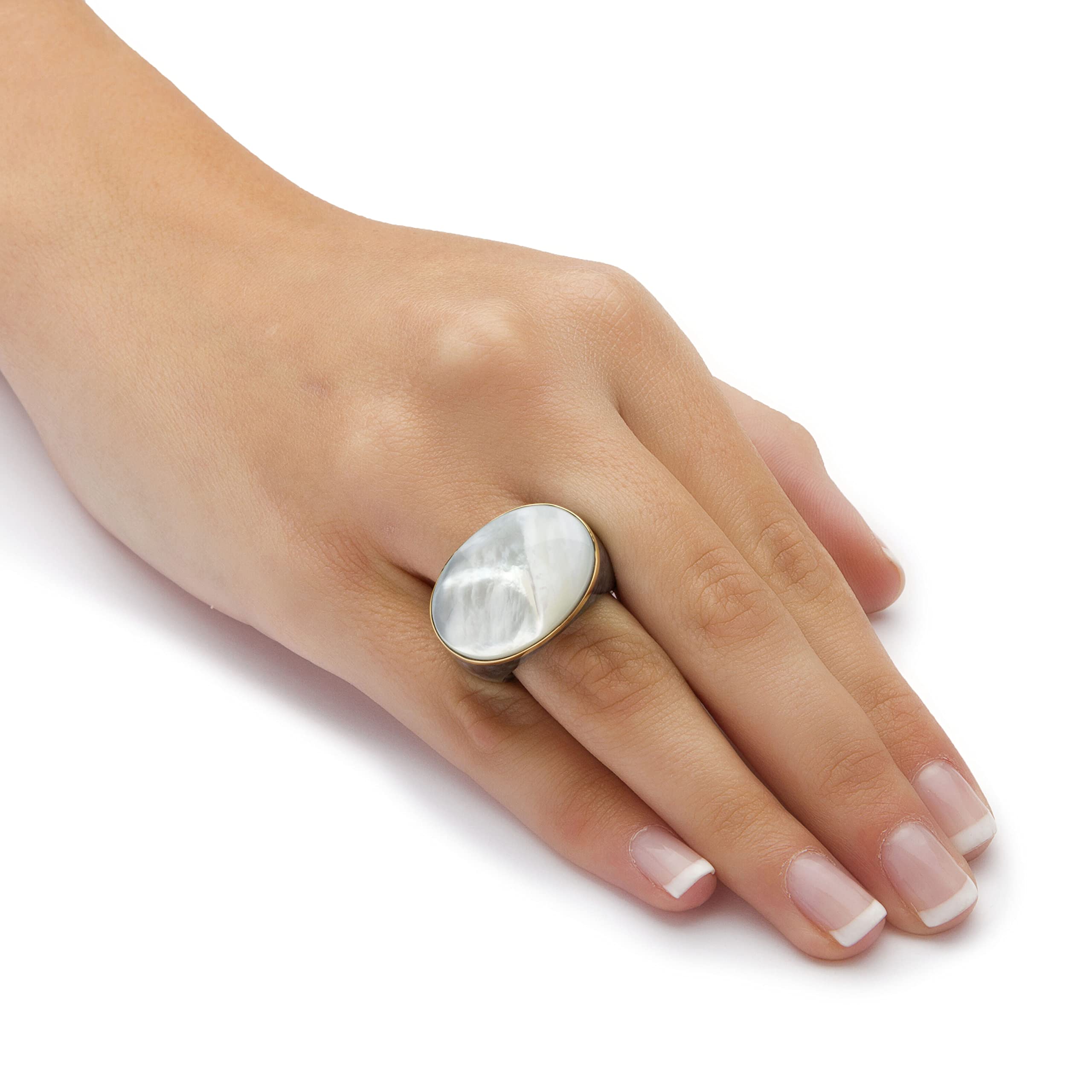 PalmBeach 14K Yellow Gold Oval Shaped Genuine Mother of Pearl and Genuine Charcoal Jade "Greek Key" Ring Sizes 6-10 Size 7