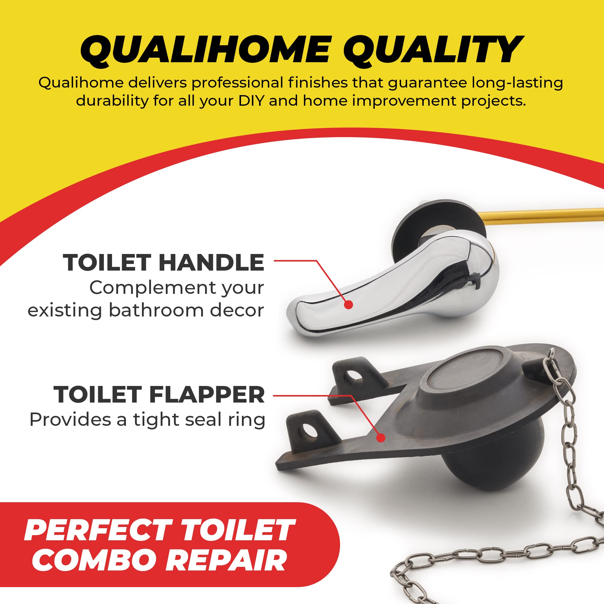 Qualihome Front Mount Chrome Toilet Handle Replacement Kit with 2 Inch Universal Toilet Flapper Replacement Kit and Stainless Steel Toilet Flapper Chain