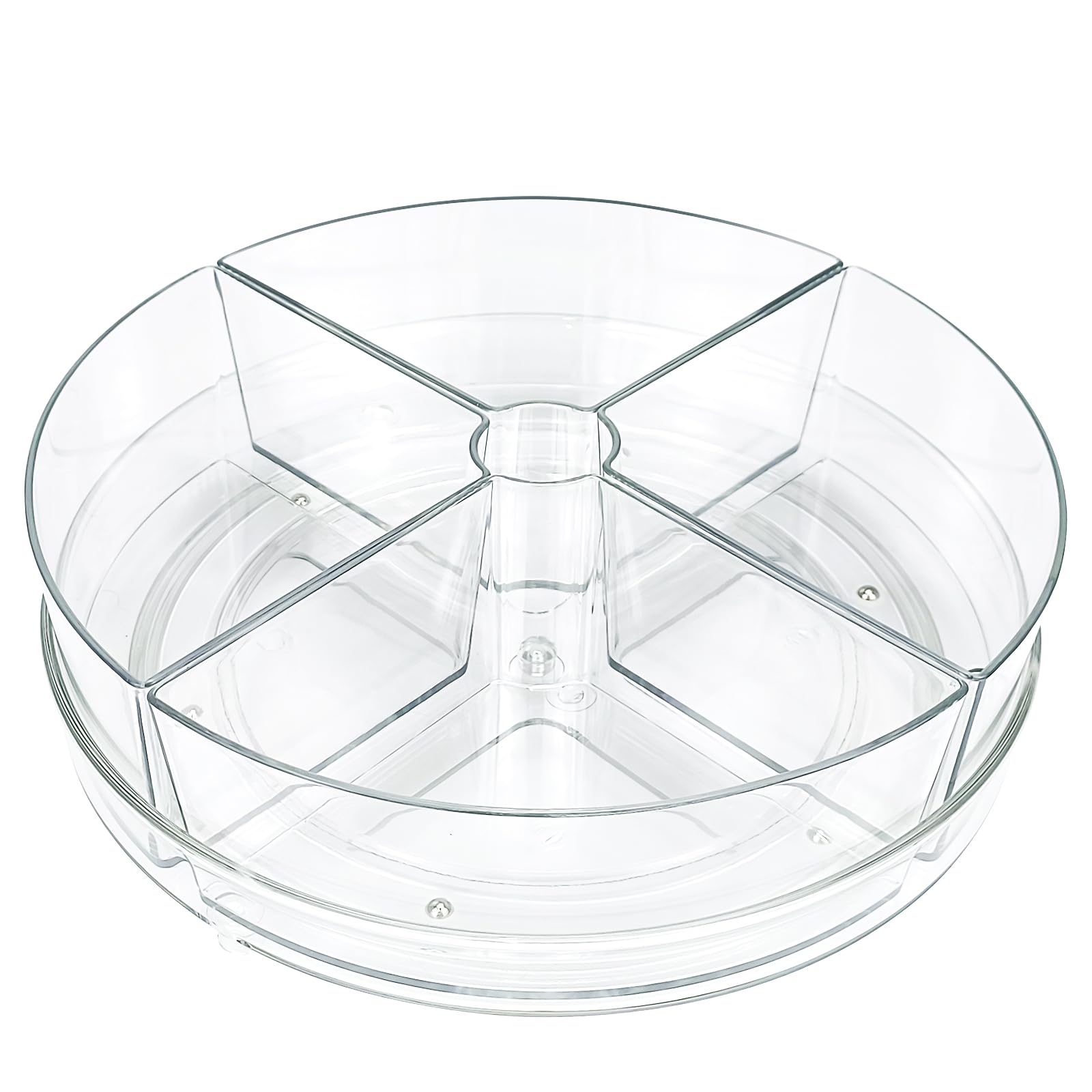 POUYRBA Lazy Susan Organizer with 4 Removable Storage Bins, 9.25Inch Round Plastic Clear Food Storage Container Fruit Snack Spice Can Cosmetics Turntable for Refrigerator Cabinet Pantry Kitchen