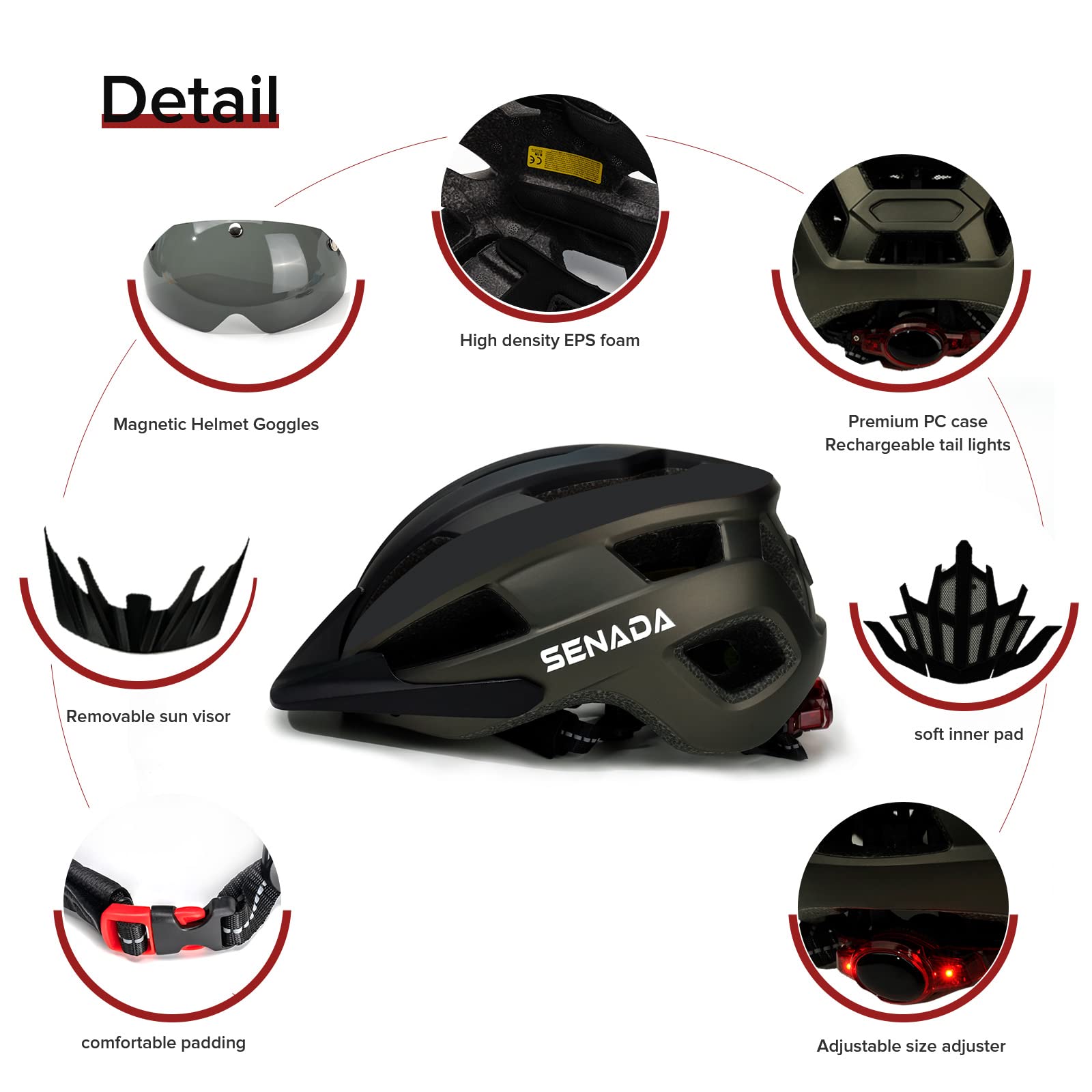SENADA Adults Bike Helmet with Sun Visor with Detachable Goggles Adjustable Size Cycling Helmets Mountain Bicycle Helmets for Women and Men (Black)