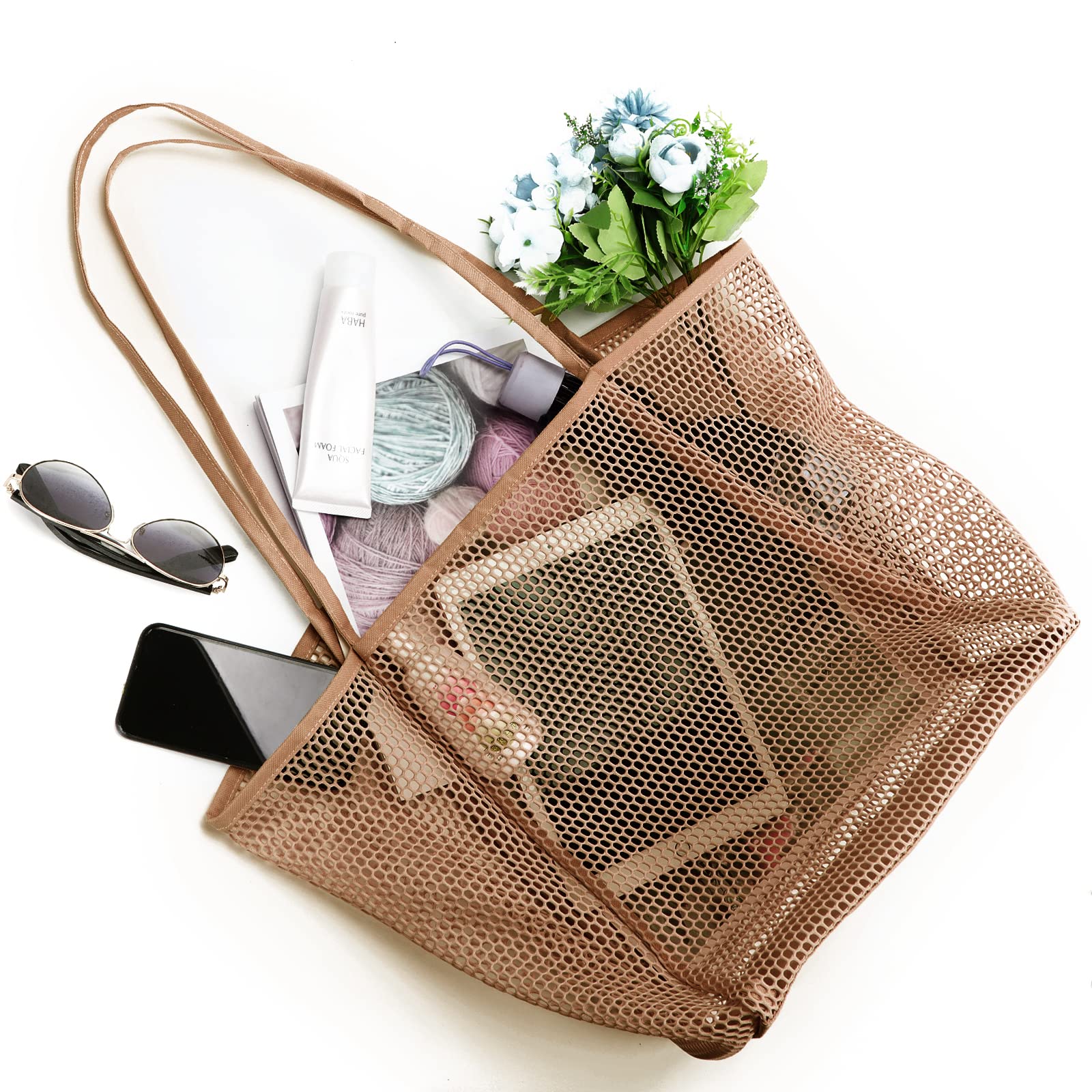 Nausear Mesh Tote Beach Bag Womens Shoulder Handbag - Spacious, Durable, Breathable, Stylish, Multi-Purpose (Brown)