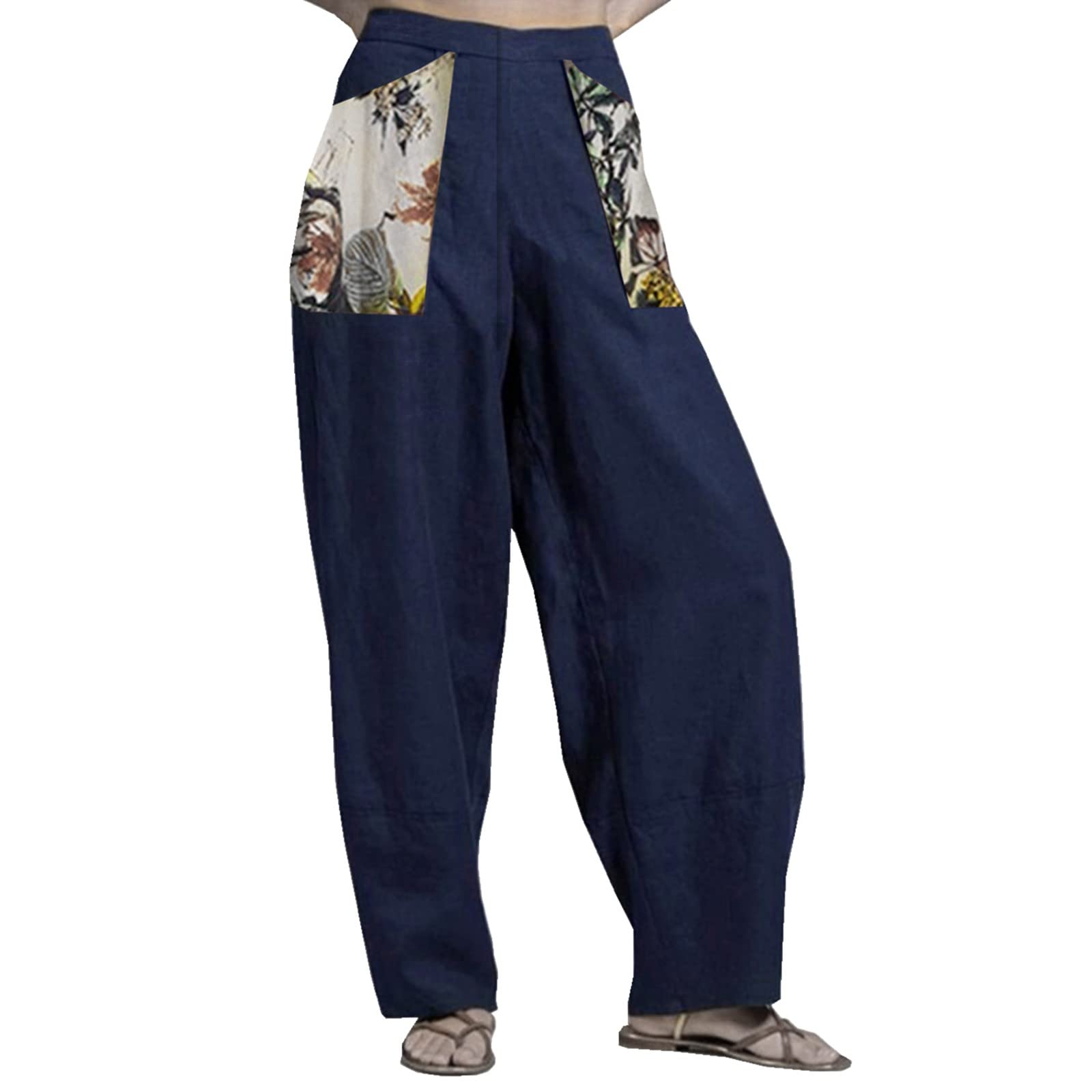 Womens Casual Printned Capri Pants Elastic Waist Summer Cropped Trousers with Pockets Plus Size Yoga (Dark Blue, L)