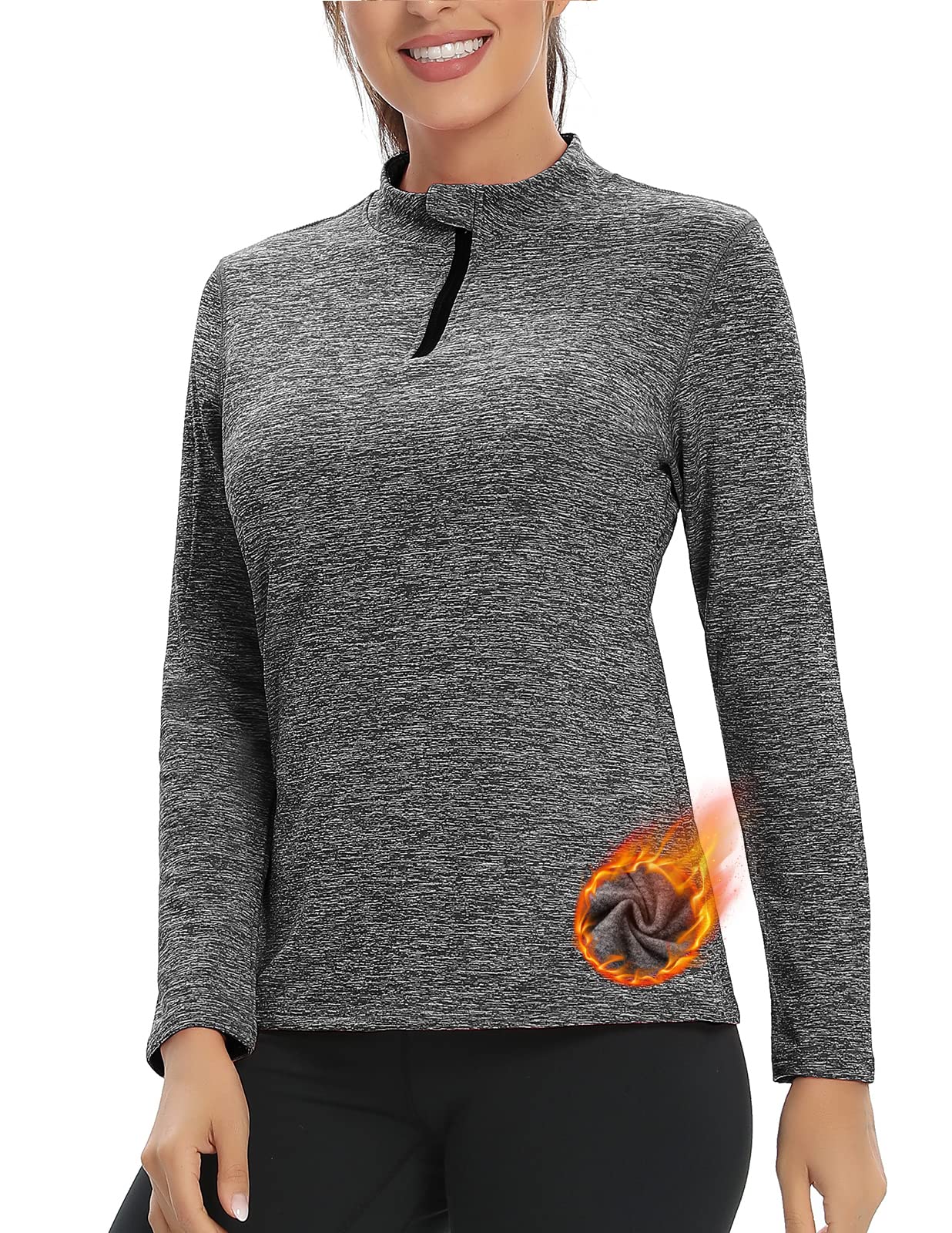 WOWENY Women Fleece Running Shirt Thermal Long Sleeve Quarter Zip Pullover for Womens Sport Athetic Tops Light Grey