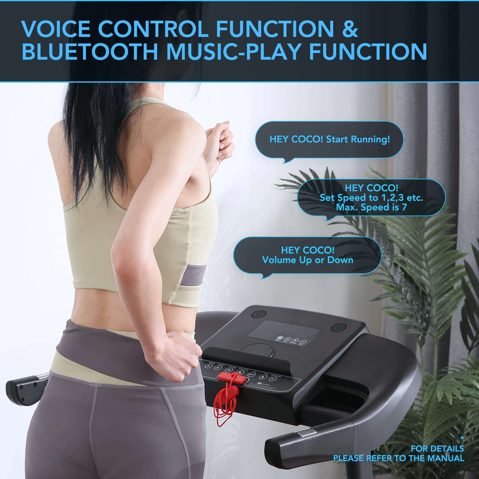 Voice Control Treadmill Folding Treadmills Electric Running Machine Motorized with Bluetooth Connectivity 7.5 MPH 12 Pre-Set Training Programs Large LCD Monitor for Home Office Gym Use