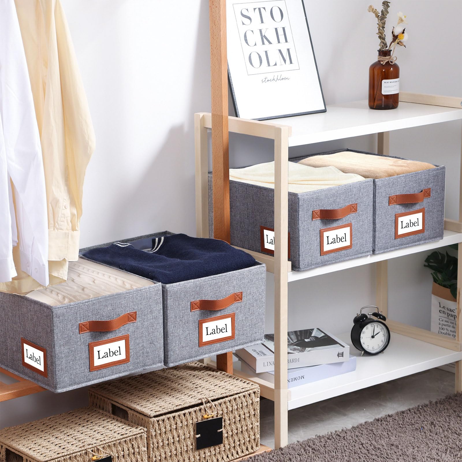 OUTBROS Large Foldable Storage Bins for Shelves, 15.7*11.8*7.9inch Fabric Storage Baskets Cubes Organizer Containers with Leather Handles for Closet Office, (Gray, Large, 3-Pack)