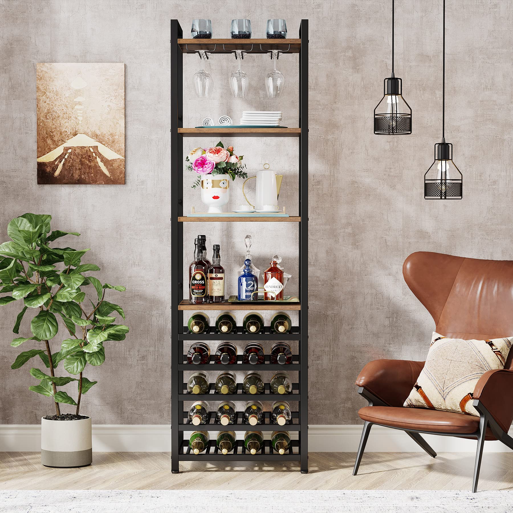 Tribesigns 20 Bottle Wine Bakers Rack, 9 Tier Freestanding Wine Rack with Glass Holder and Storage Shelves, Multi-Function Wine Bar Cabinet Bottle Holder for Kitchen, Dining Room, Rustic Brown