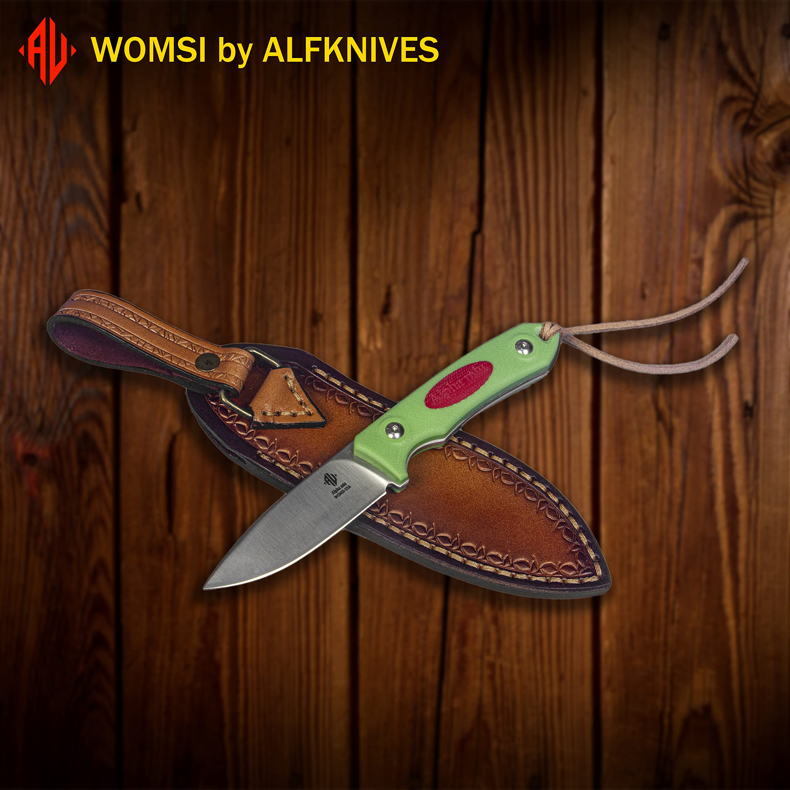 WOMSI Hunting Knife,Full Tang 6.57",DPS15-S Power Steel Blade,Sonorous&durable G10 Handle with Leather Sheath(Green)